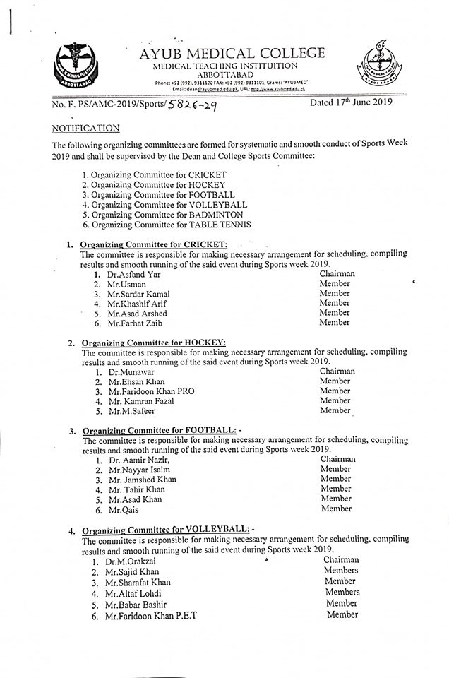 Organizing committees for Sports Week 2019 – Ayub Medical College ...