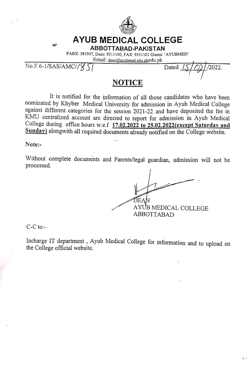 Notice Board – Ayub Medical College, Abbottabad.